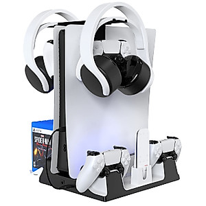 EJGAME Stand with Suction Cooling Fan and Dual Controller Charger Station Compatible with PS5 Console and PS5 Digital Edition, Built-in Headset Holder,Media Remote Stand and14 Game Rack Organizer