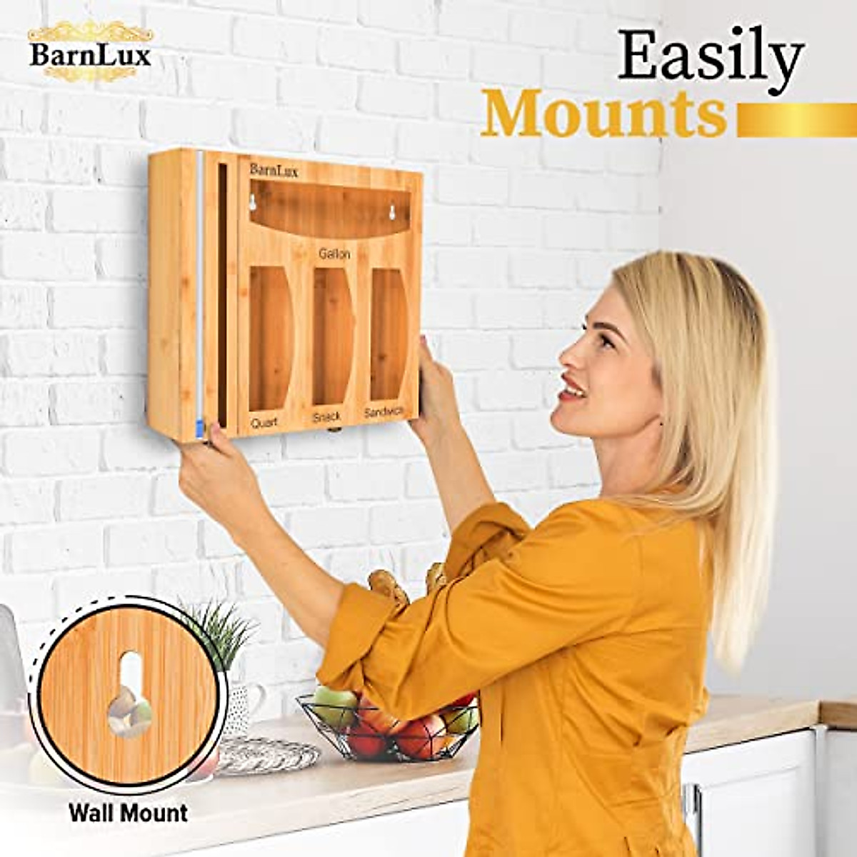 BarnLux 5 in1 Ziplock Bag Storage Organizer & Wrap Dispenser with Cutter - Premium Bamboo Baggie Organizer for Drawer, Anti-Cushion Bottom, Wall Mounted, Varnished Surface, 1 Box,13" x 14.5" x 3.7"