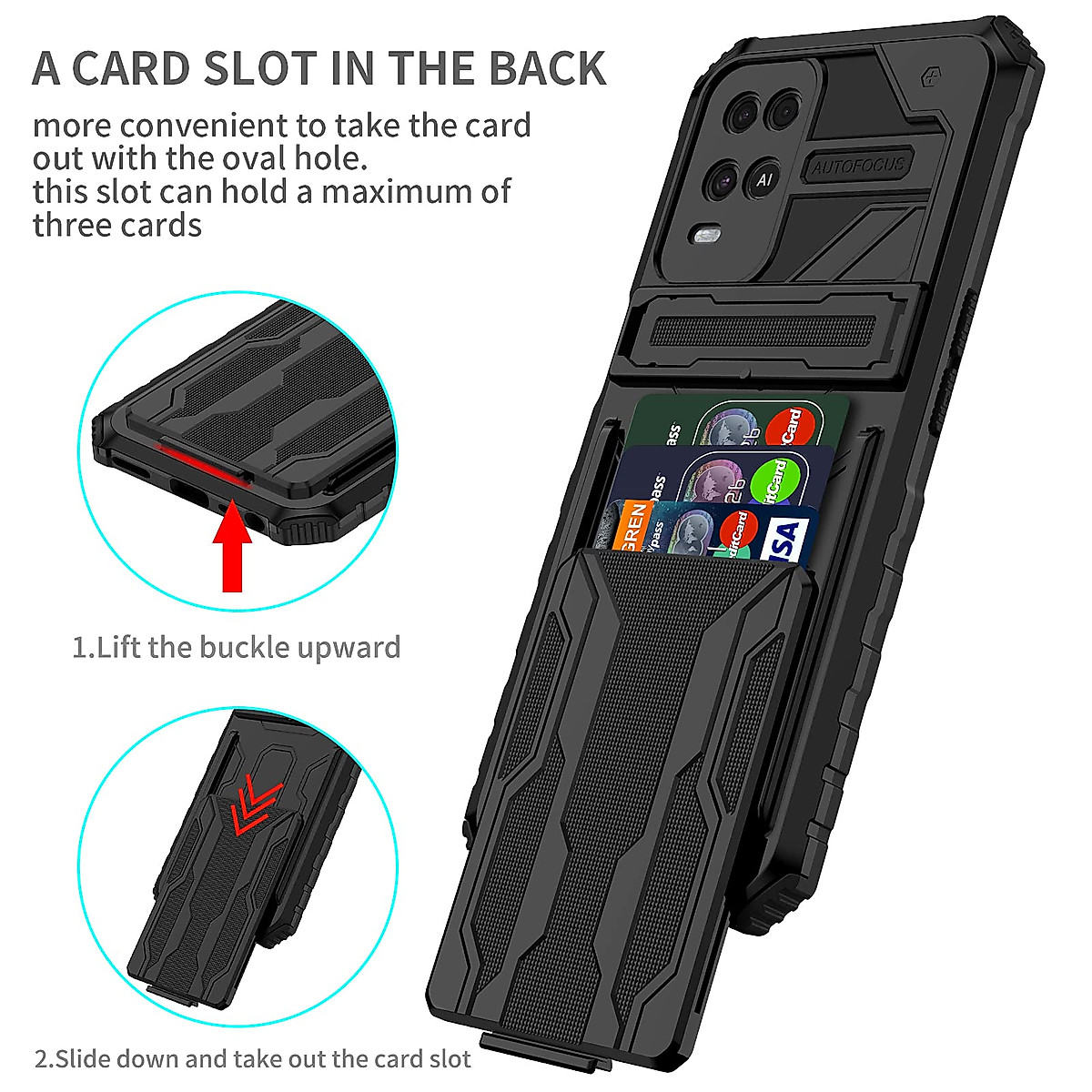 Asuwish Phone Case for Oppo A54 4G with Tempered Glass Screen Protector Cover and Slim Credit Card Holder Stand Hybrid Mobile Slot Kickstand Film Rugged Cell Accessories CPH2239 Women Men Black