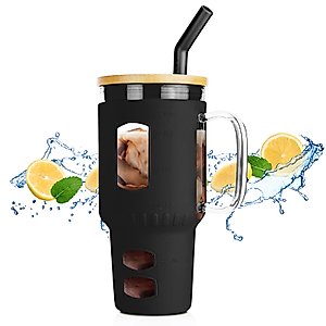 AeKahtay 32 oz Glass Tumbler with Handle, Glass Water Bottle with Lid and Straw, Iced Coffee Cup, Reusable Large Capacity Drinking Glass, Fits Most Cup Holders For Office Home Fitness