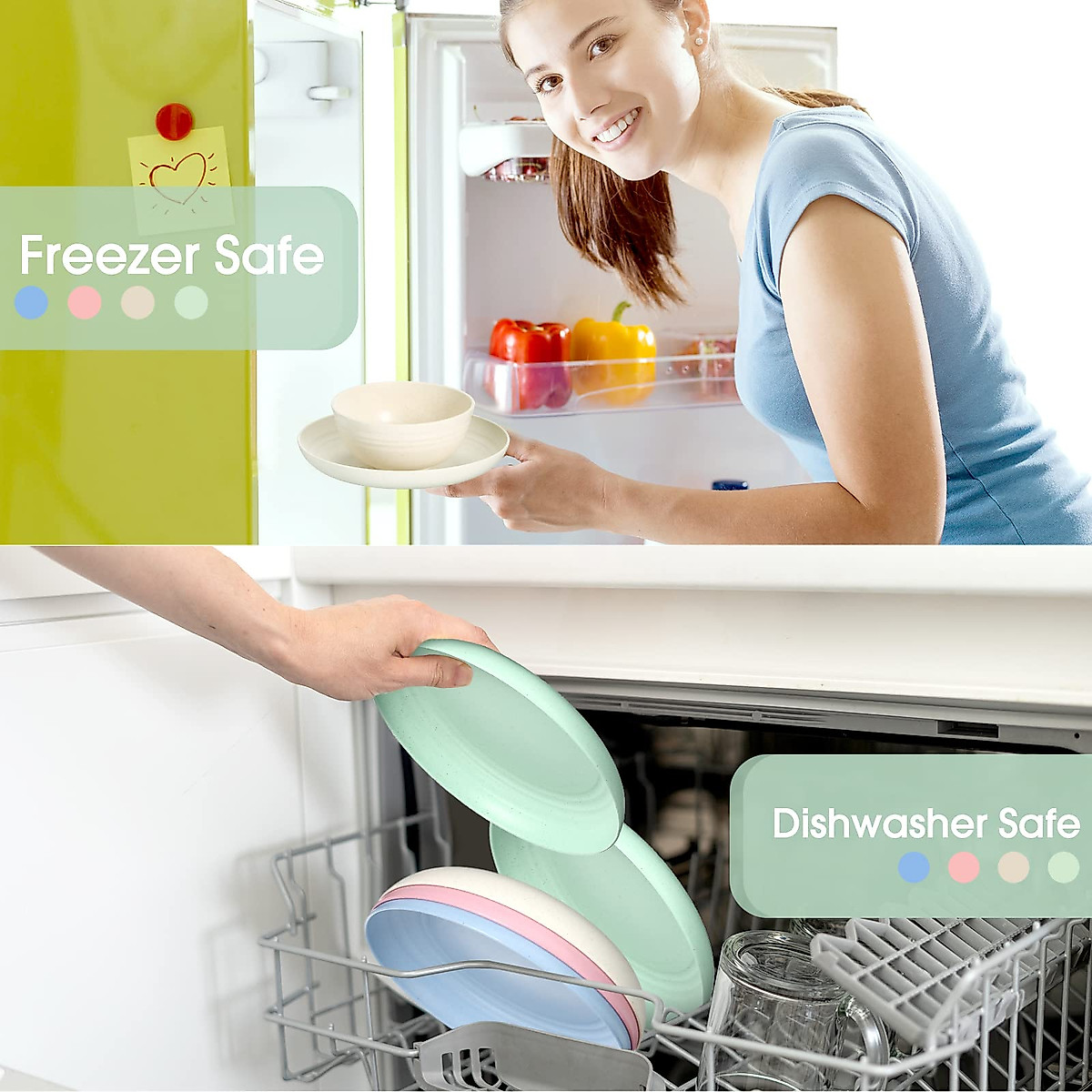 64 Pcs Wheat Straw Dinnerware Sets Unbreakable Dinnerware Set Plastic Dishes Set Reusable Lightweight RV Camping Bowls Dishes Plates Cups Set Microwave Safe Dinnerware for Kitchen Indoor