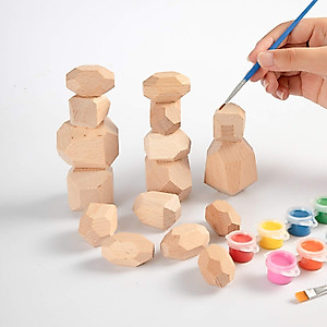 MERRYHEART 16PCS DIY Wooden Balancing Stones, Wooden Building Blocks with Pigment Stacking Game, Rock Blocks Educational Puzzle Toy