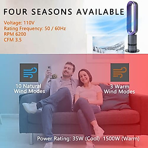 HealSmart 32-inch Space Heater Bladeless Tower Fan, Heater & Fan Combo, 9H Timer 10 Speeds with Remote Control, Air Circulator Fan for Home Air Conditioner, Purple
