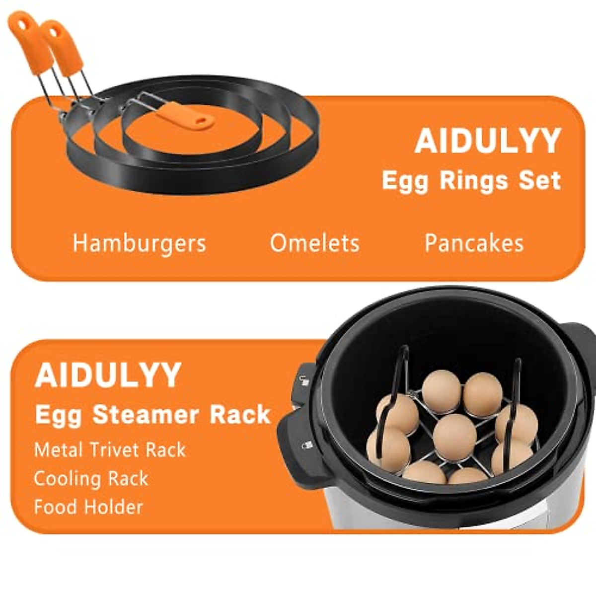 AIDULYY 6 Pcs Stainless Steel Egg Rings + 9 holes Multipurpose Stainless Steel Steamed Egg Rack Combo Set, Egg Mold For Breakfast, Mini Pancakes, and Fried Eggs (4 Inch, 6 Inch, 8 Inch)