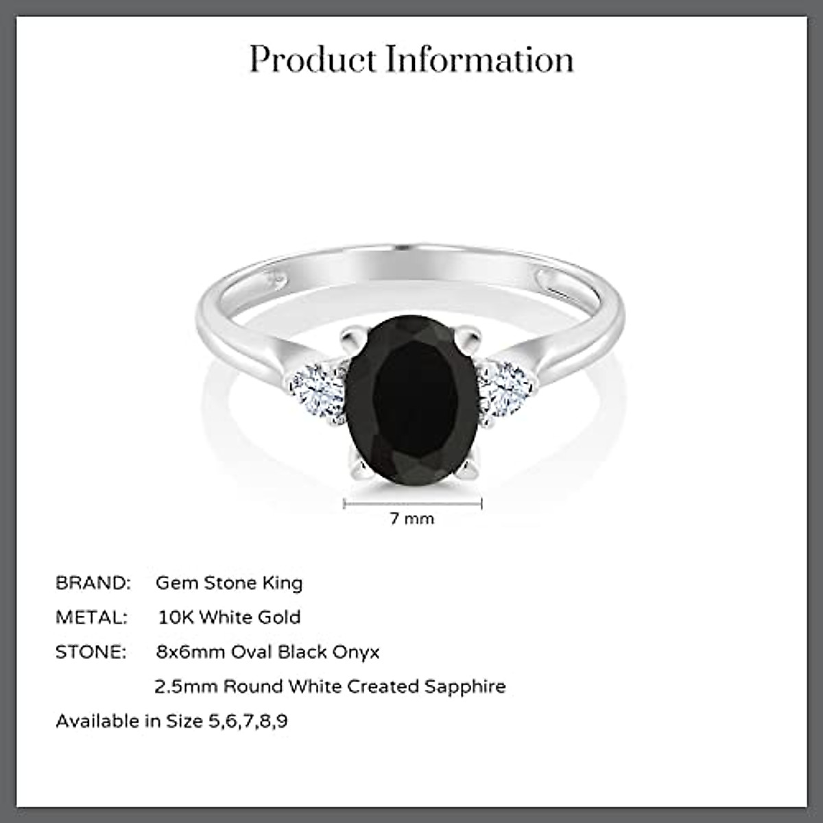 Gem Stone King 10K White Gold Black Onyx and White Created Sapphire 3 Stone Engagement Ring For Women (1.35 Cttw, Gemstone Birthstone, Available In Size 5, 6, 7, 8, 9)