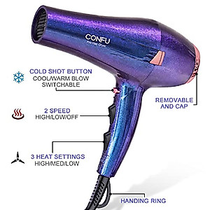 CONFU Professional Hair Dryer, Compact Blow dryer, Negative ionic Hair Dryer With Diffuser And Concentrator, For Quick Drying, ETL Certified, Purple
