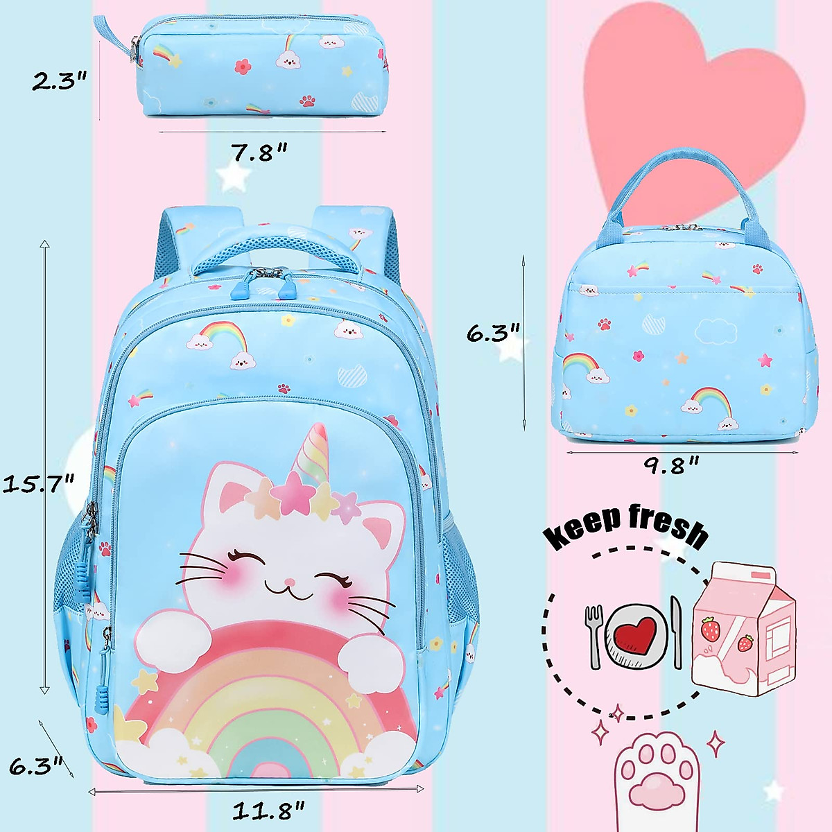 Jumpopack Unicorn Backpack for Girls School Backpacks for Elementary Girls Backpack with Lunch Box Lightweight Water Resistance School Bag Preschool Kids Bookbag,Unicorn Cat