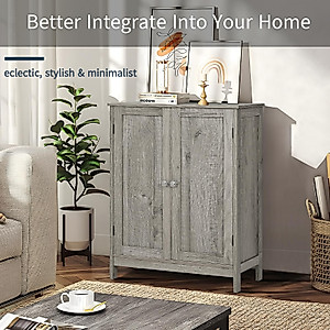 Iwell Storage Cabinet, Floor Storage Cabinet with 2 Adjustable Shelves & 2 Doors, Wooden Shoe Cabinet for Entryway, Office, Living Room, Gray