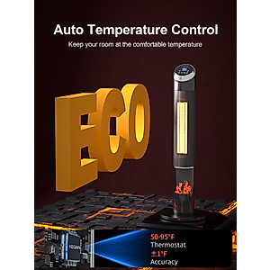 38'' Space Heater, Portable Electric Heater for Indoor Use, 1500W Ceramic Tower Heater with 3D Flame Effect, Adjustable Thermostat, 80° Oscillation, Safety Protection for Office Bedroom Home (Black)