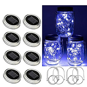 YJFWAL Solar Mason lid Light,8 Pack 30Led Mason jar Fairy Lights,Including 8 Hangers and 2 PCS Fairy Decor PVC (Jars Not Included), Best for Courtyard Garden, Interior Decora (Cool White)