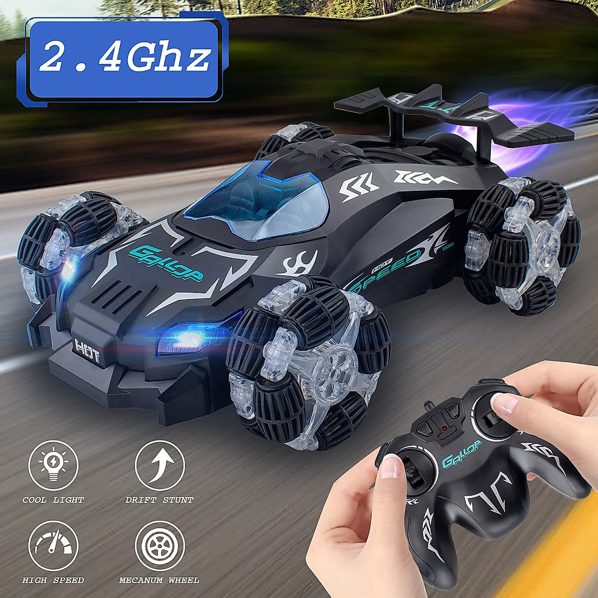 Jet Spray Remote Control Car for Kids and Children, Remote Control Vehicle Toy with Jet Spray Device Realistic Car Light Design and Engine Sound and Brake Sound, Best Gifts for Boys and Girls (Black)