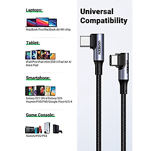 UGREEN 100W USB C Cable 90 Degree PD3.0 Fast Charging Compatible with MacBook Pro 2022, iPad Pro 2022, Elitebook, Dell XPS/Inspiron, Samsung Galaxy S23/S22/Z Fold, Pixel, Switch, etc. 3.3FT