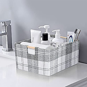 ANMINY 2PCS Storage Bins Set Foldable Cotton Linen Open Storage Baskets Box with Wood Handles Decorative Nursery Baby Kid Toy Clothes Towel Laundry Organizer Container - Small, Light Gray Plaid
