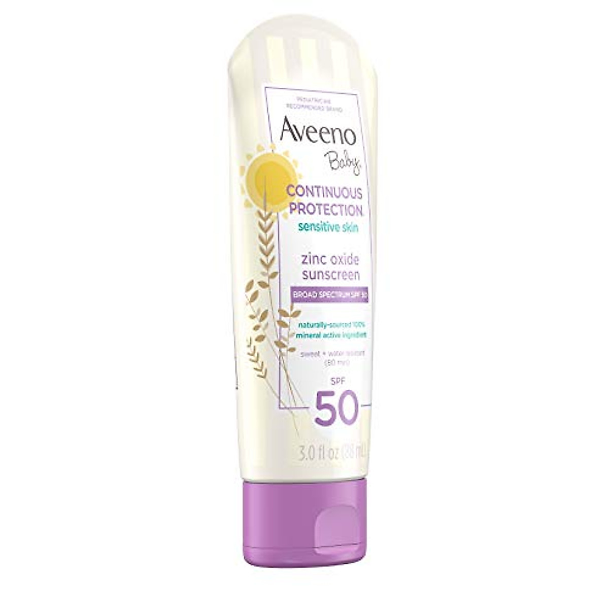 Aveeno Baby Continuous Protection Zinc Oxide Mineral Sunscreen Lotion for Sensitive Skin, Broad Spectrum SPF 50, Tear-Free, Sweat- & Water-Resistant, Paraben-Free, Travel-Size, 3 fl. oz