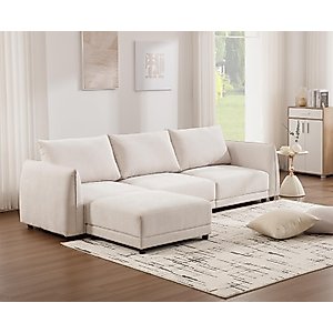 QIUKIU Convertible Sectional Sofa with Ottoman, Chenille L Shaped 3 Seat Modular Sectional Sofa Couch with Mobile Footsool, Modern Upholstered Sofa with Arm for Living Room, Apartment, Office, White