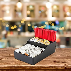 Luxshiny Tea Bag Organizer Plastic Coffee Bar Box Countertop Sugar Holder Tea Bags Storage Bin 6 Compartment Sugar Sweetener for Hotel Restaurant Black