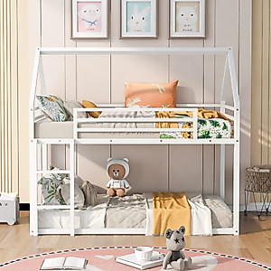 Bunk Bed Twin Over Twin Junior Metal Floor Bunk Bed with Ladder, House Shaped Bunk Bed Frame for Kids Boys Girls, No Box Spring Needed