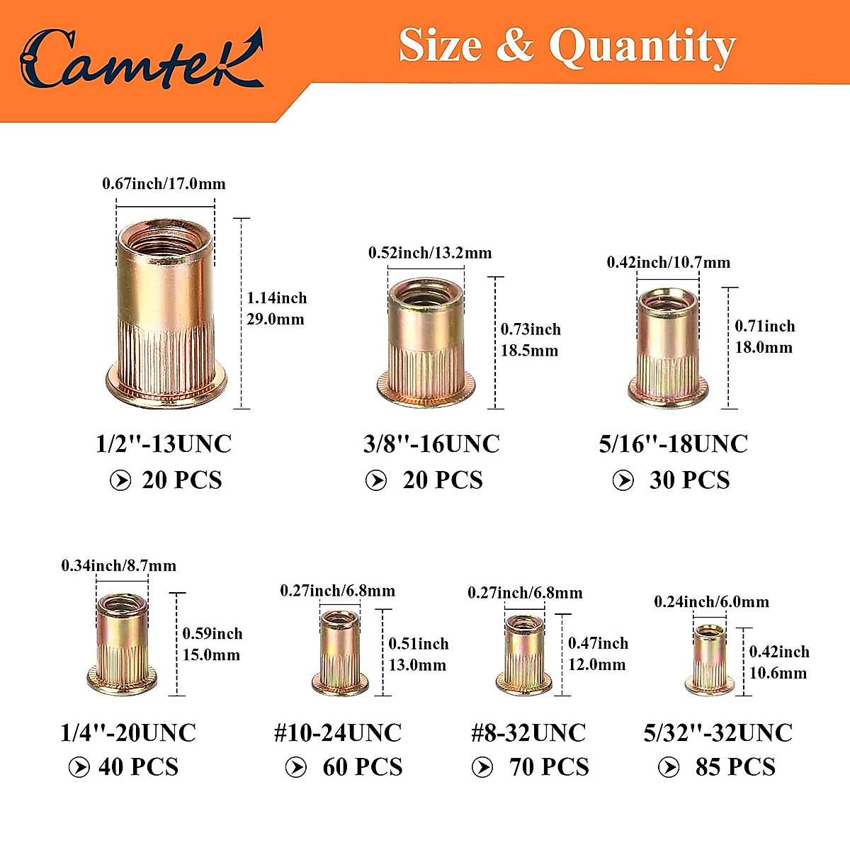 Camtek 325PCS Rivet Nut Kit, #8-32#10-24 5/32"-32UNC 1/4''-20UNC 5/16''-18UNC 3/8''-16UNC 1/2"-13UNC Zinc Plated Carbon Steel Flat Head Rivnut Threaded Insert Rivet Nuts Assortment Set