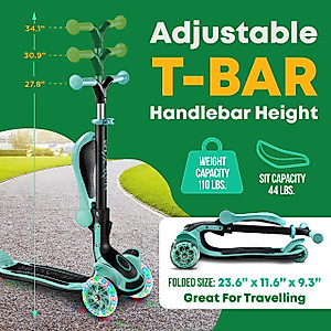 Kids Scooter – Foldable Seat – LED Wheel Lights Illuminate When Rolling – Children and Toddler 3 Wheel Kick Scooter – Adjustable Handlebar – Indoor and Outdoor- Pink - by Lifemaster