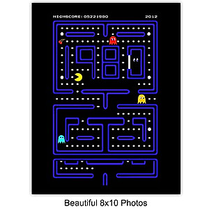Classic Arcade Games - Arcade Decor - 8x10 Wall Art Prints Set for Man Cave, Den, Family Room, Bar, Bedroom - Gift for Gamers, Video Game, Atari, Pacman, Ms Pacman, Donkey Kong, Space Invaders Fans
