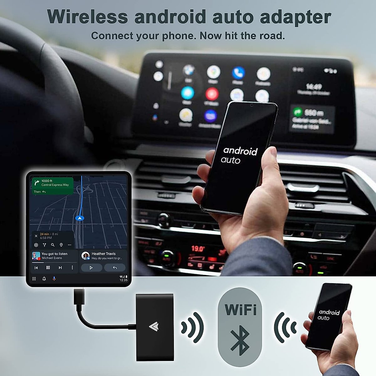WQQBFF Wireless Android Auto Car Adapter，Android Phones Converts Wired Android Auto to Wireless - Direct Plug-in Type-c Adapter， Android Auto Wireless Adapter AI Box for Car with OEM（Black）