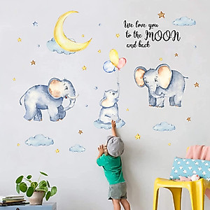 Elephant Wall Stickers for Baby Nursery Wall Decor, Elephant Nursery Wall Dacal Decor for Girls Baby Boy, We Love You to The Moon and Back Elephant Decor for Baby Room Kids Bedroom Playroom Art Gift