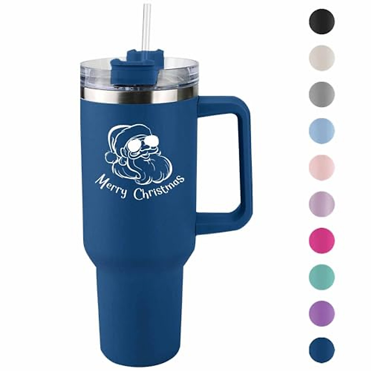 LB LEOBON 40 ounce insulated cup with handle, double-layer vacuum stainless steel material, equipped with straw, can keep warm or maintain cold drinks Santa Claus Merry Christmas Cowboy Blue
