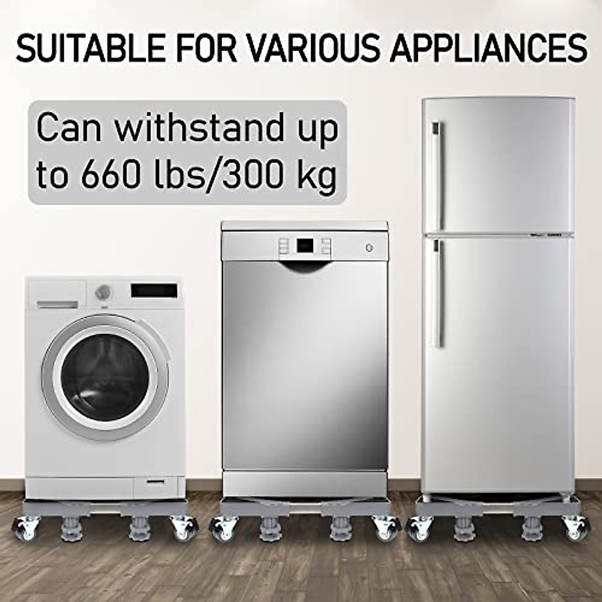 Adjustable Mini Fridge Stand Washing Machine Base, Mobile Roller Stand with 4 Locking Rubber Rotating Wheels and 4 Strong Feet, Max Load 660 lbs, for Washing Machines Refrigerators and Dryer