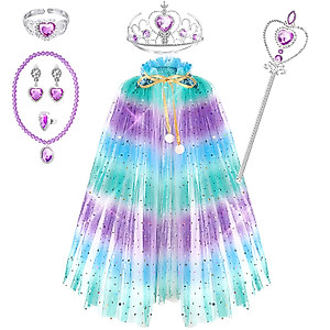 Fedio Princess Cape Set 7 Pieces Girls Princess Cloak with Tiara Crown, Wand for Little Girls Dress up (Multi-color)