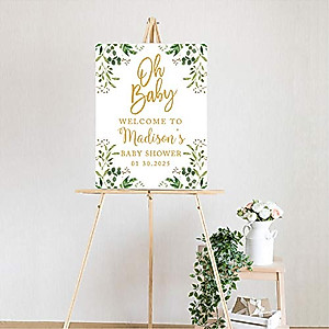 Andaz Press Custom Large Baby Shower Canvas Welcome Sign, 16 x 20 Inches, Gold and Greenery Leaf Foliage, Guestbook Alternative, Personalized Sign Our Canvas, for Greenery Baby Shower, Baby Sprinkle