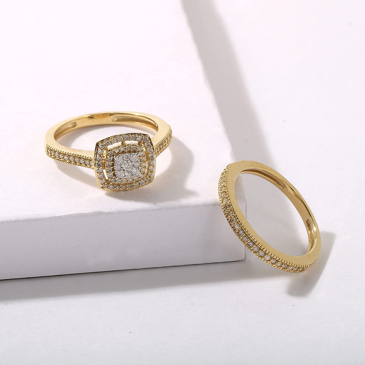 DZON IGI Certified 10k Yellow Gold 1/3CT TDW Round Cut Diamond Double Cushion Frame Cluster Bridal Jewelry Set Love Gift for Women (I-J,I2)