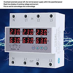 Fewb Digital 3 Phase DIN Rail Voltmeter Ammeter, AC 390‑500V Electricity Usage Monitor Power Meter Voltage Amps Watt Kwh Frequency Power Factor Meter Multimeter Current Power Tester(63A)