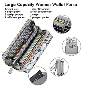 Women Crossbody Wallet Purse, RFID Card Holder Wristlet Clutch 2 Straps,Grey Floral