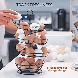 Fresh Egg Holder Countertop, Egg Skelter, Spiral Egg Holder with Storage Basket, Chicken Egg Holder, Large Capacity Egg Storage for Kitchen, Holds Up to 3 Dozen Eggs
