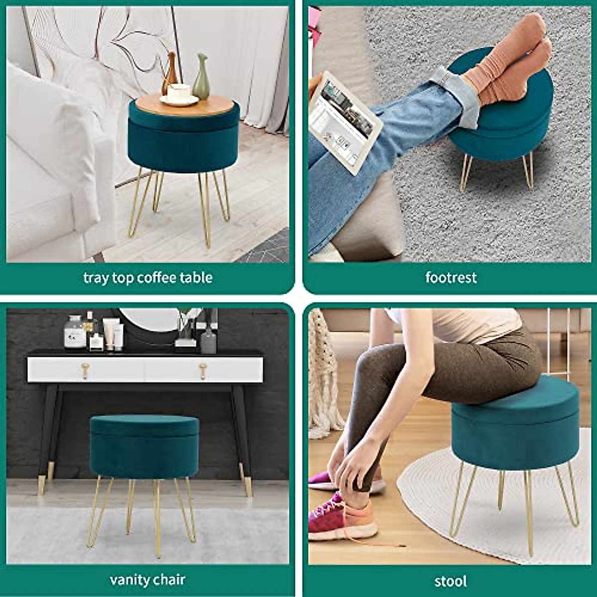 YITAHOME Modern Velvet Upholstered Round Storage Ottoman Footrest Vanity Stool with Gold Metal Legs & Tray Top Coffee Table Having 17.5” Height and Holds Upto 330 Lbs (Teal)