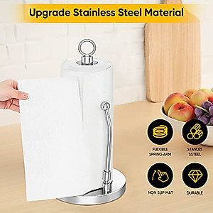 Paper Towel Holder Stainless Steel - One Hand Tear Paper Towel Dispenser Standing Weighted Base Non Slip, Spring Arm, Stainless Steel Paper Towel fits in Kitchen Bathroom Countertop Silver