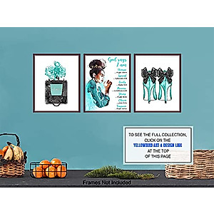 Inspirational African American Women Bible Verses - Black Art - Religious Christian Scripture Positive Encouragement Gifts - Light Blue Motivational Glam Designer Fashion Wall Decor Poster for Girls