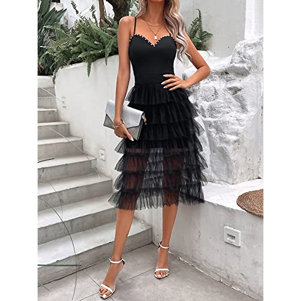 Floerns Women's Spaghetti Strap Sleeveless Ruffle Mesh Hem Midi Cami Dress Black M