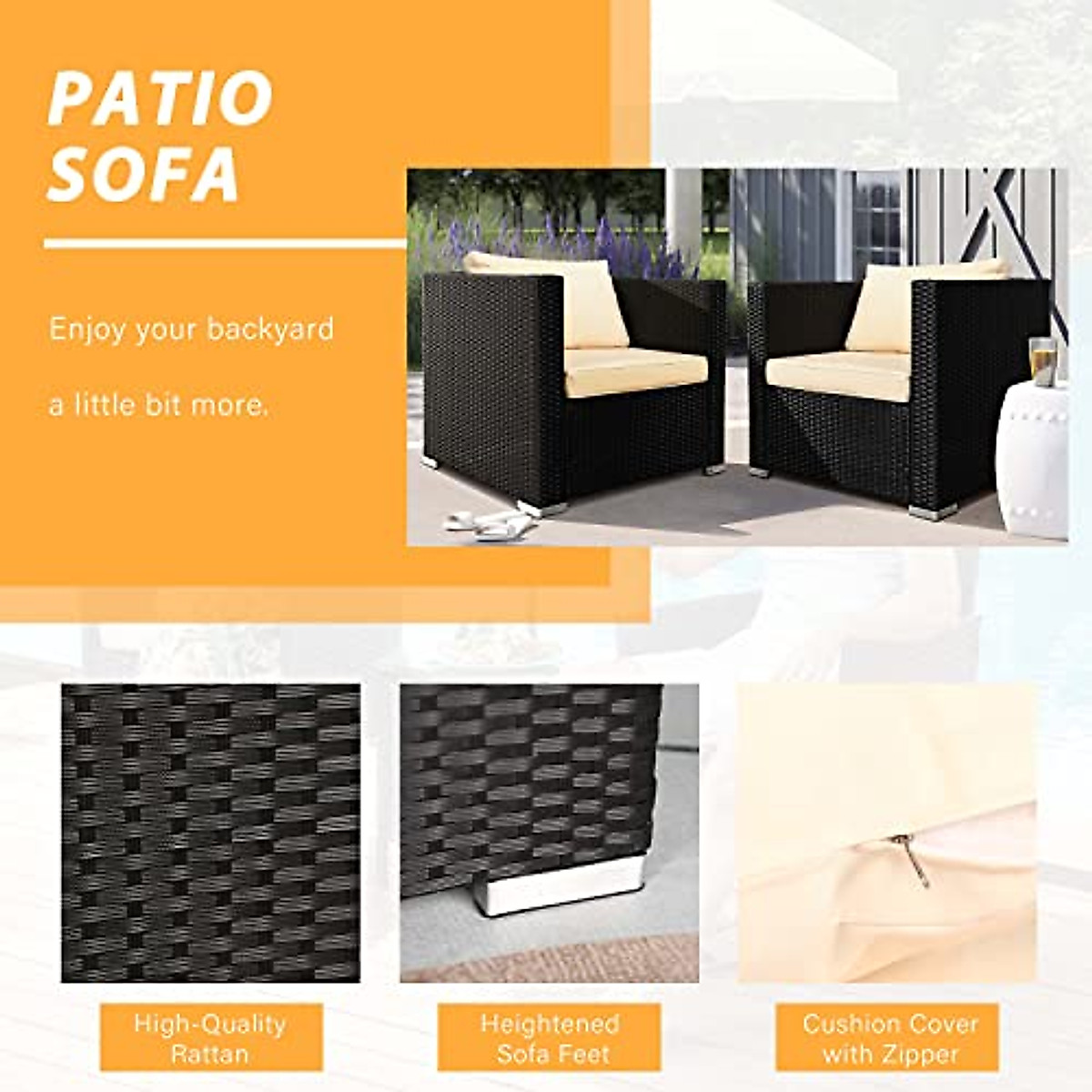 KAWIVAST Patio Single Sofa,Outdoor Patio Armchair,Outdoor Single Sofa,Wicker Patio Single Sofa,Rattan Single Sofa,Outdoor PE Rattan Sofa,All Weather Patio Sofa (2, Black+Beige)