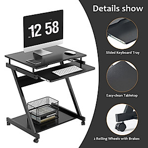 soges Small Rolling Computer Desk, Z Shape Laptop Desk Cart on Wheels, Mobile Computer Workstation for Home and Office with Keyboard Tray, Black
