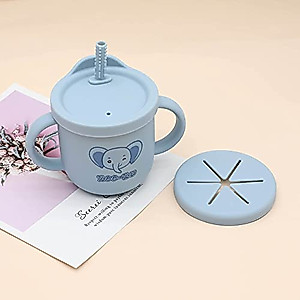 ZOO-ZU Silicone Sippy Cup for toddlers with straw & snack cup No Spill for babies BPA-FREE 9 OZ (Dusty Blue Elephant)