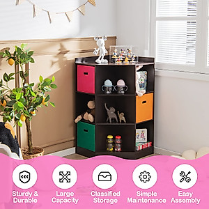 Costzon 9-Cubby Kids Bookcase with Large Storage Bins, Children's Corner Cabinet with 6 Cubes and 3 Shelves, Wooden Toy Organizers and Storage Book Shelves for Playroom Kids Room Nursery (Espresso)