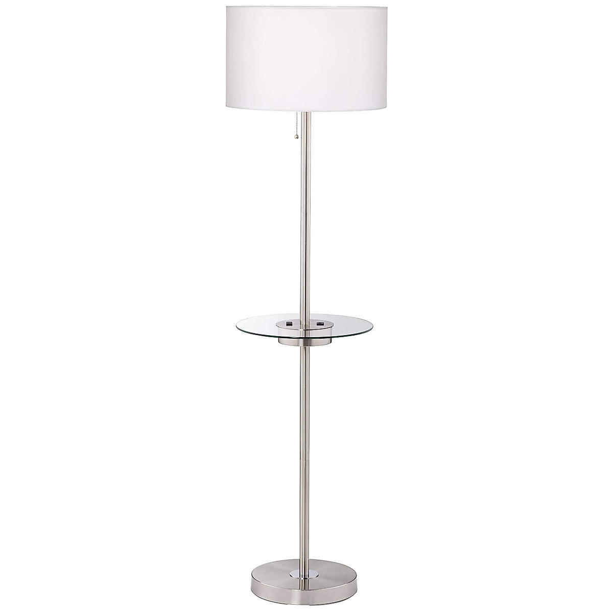 360 Lighting Caper Modern Floor Lamp with Tray USB and AC Power Outlet on Table Glass 60.5" Tall Satin Nickel White Fabric Drum Shade for Living Room Reading House Bedroom