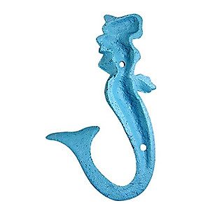 Aqua Blue Cast Iron Mermaid Wall Hook 5 3/4 Inch (Set of 4)