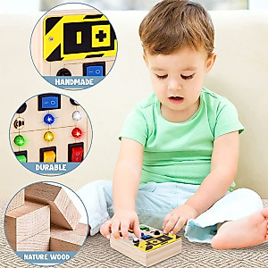 HOTBEST Montessori Busy Board for Toddlers, LED Light Switch Toys Sensory Toys, Wooden Sensory Toys with Light Up LED Buttons, Educational Learning Toy for Boys & Girls
