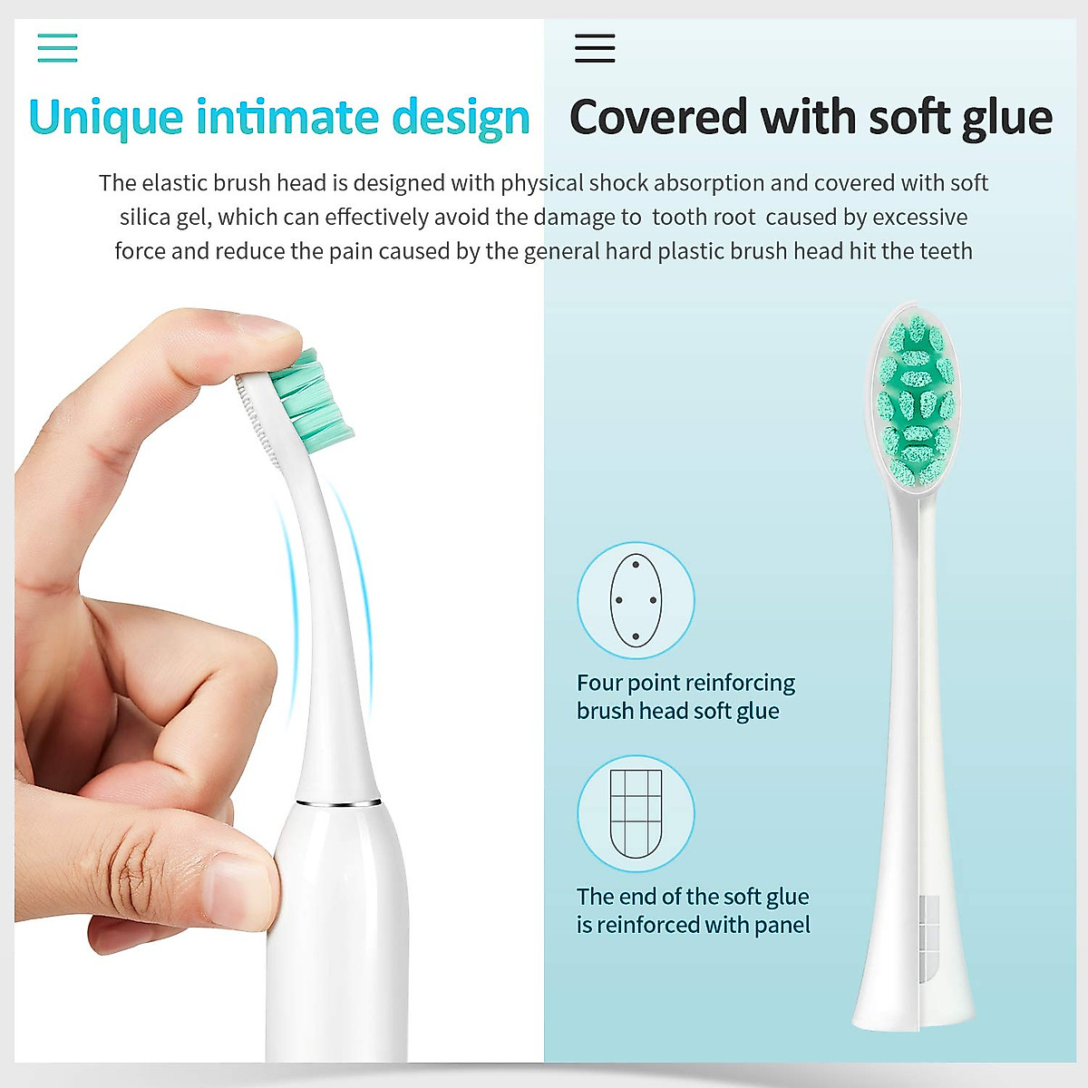 Suitable for all electric toothbrush handles of Uliber,3 Soft DuPont Replacement Brush Heads-Includes 1 Bright white,1 Deep cleaning&1 Sensitive Clean,Soft silicone tongue coating brush