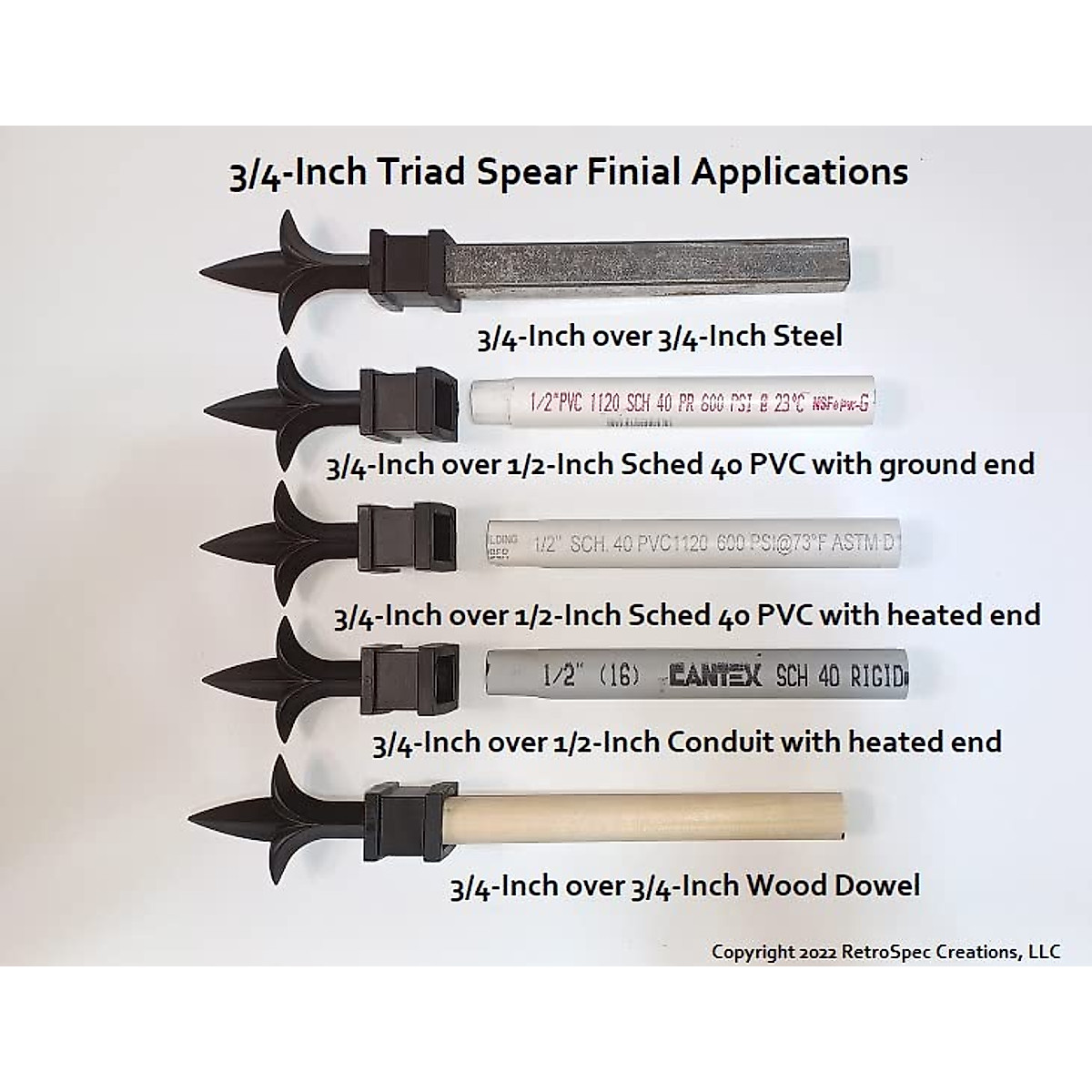 Retrospec Creations 100 Each for 3/4" Plastic Finial Tops for Iron Picket Fence Triad Spear - #50-34