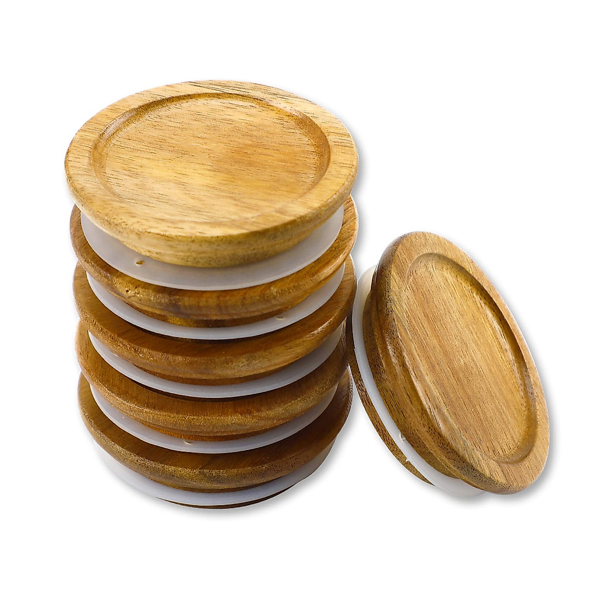 6PCS Regular Mouth Mason Jar Lids, Reusable Natural Acacia Wood Canning Lids Ball Jars Wooden Storage Lids with Airtight Silicone Seal for Regular Mouth Jars (Brown)