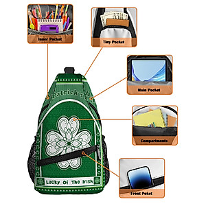 Sling Backpack, St. Patrick's Day Lucky Irish Green White Shamrock Waterproof Lightweight Small Sling Bag, Travel Chest Bag Crossbody Shoulder Bag Hiking Daypack for Women Men