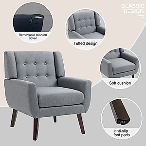 UIXE Comfy Arm Accent Chairs for Bedroom, Mid Century Modern Armchair Living Room Sofa Chair with Wooden Legs, Linen Fabric Button Tufted Upholstered Reading Chair for Home Office (Gray)